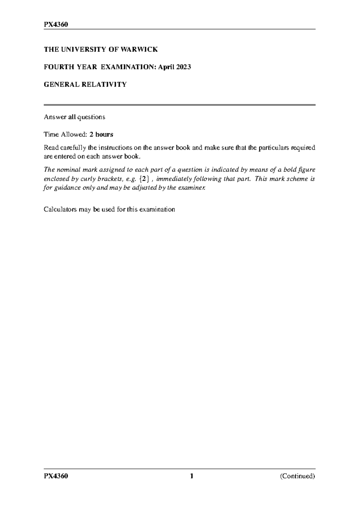 Px436 exam 2023 - THE UNIVERSITY OF WARWICK FOURTH YEAR EXAMINATION ...