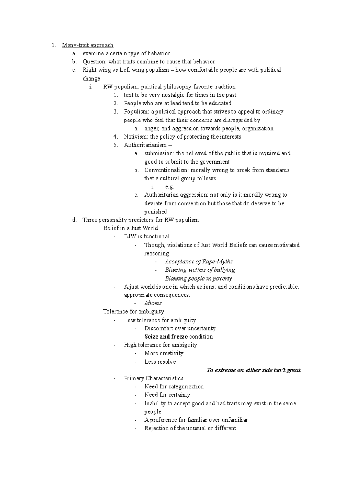 Personality Week 2 pt3 - Many-trait approach a. examine a certain type ...