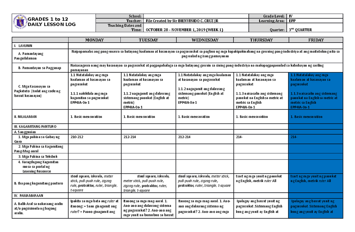 DLL EPP 4 Q3 W1 - DLL - GRADES 1 to 12 DAILY LESSON LOG School: Grade ...