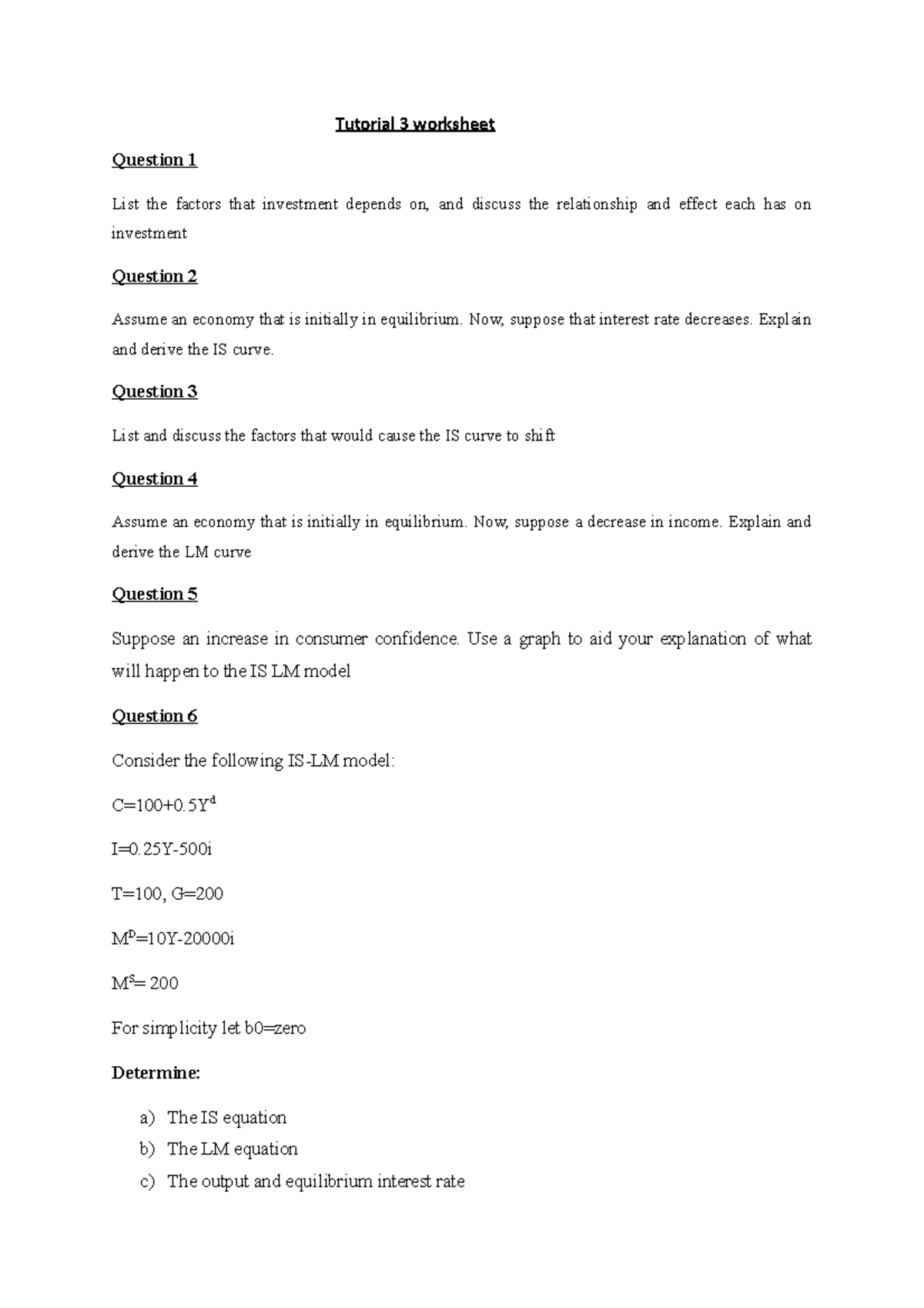 Economics Practice work tutorial 4 - Tutorial 3 worksheet Question 1 ...