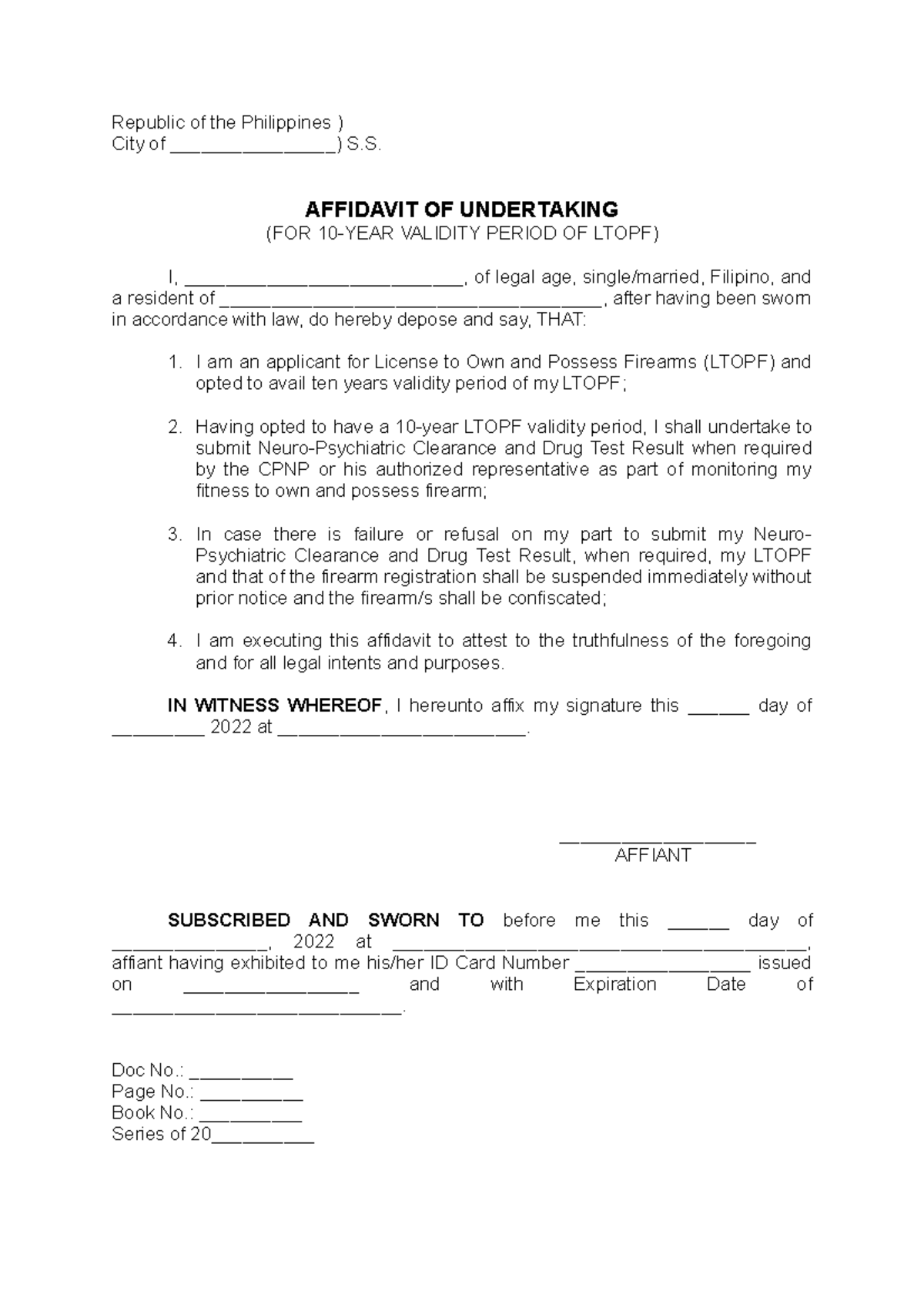 Affidavit Undertaking 10 years 3 - Republic of the Philippines ) City ...