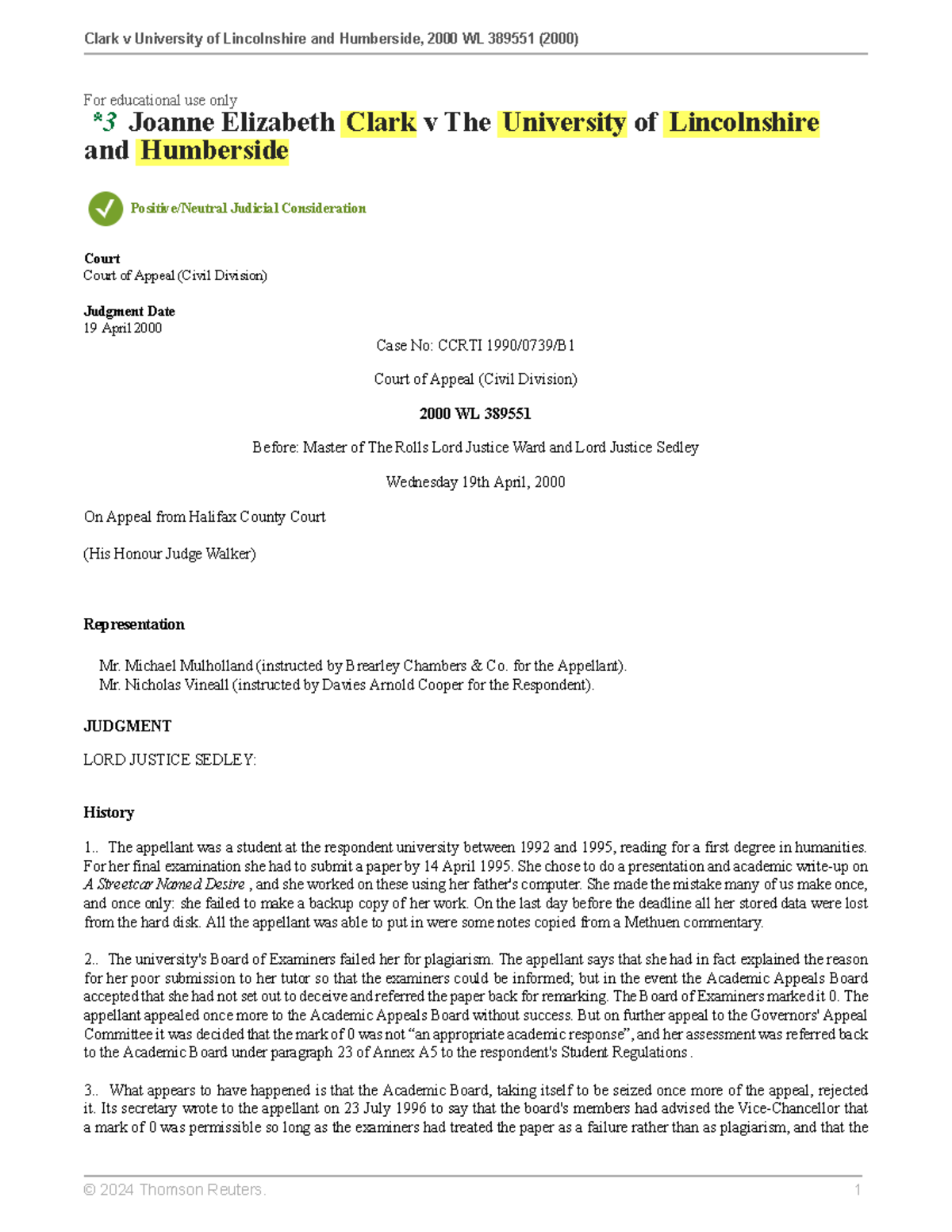 Clark v University of Lincolnshire and Humberside - For educational use ...