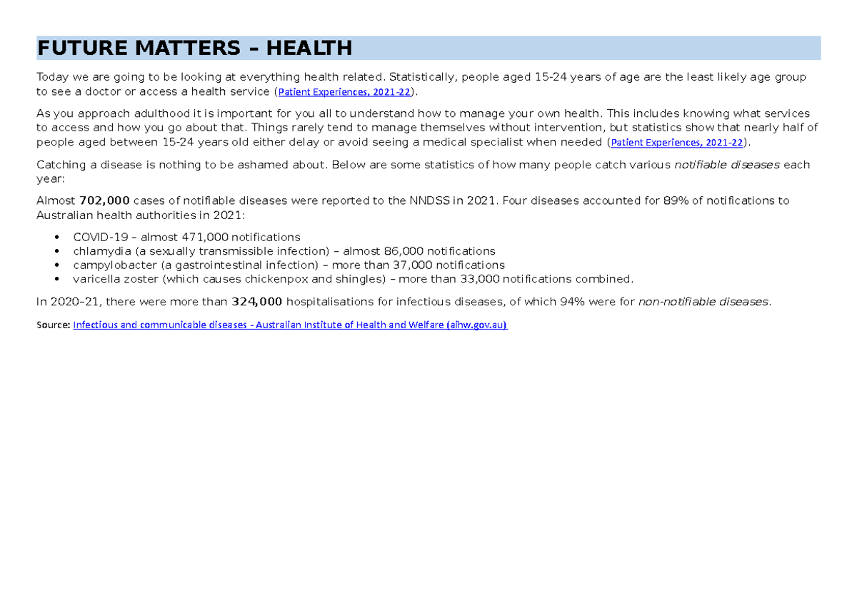 Future Matters - Health - FUTURE MATTERS – HEALTH Today we are going to ...
