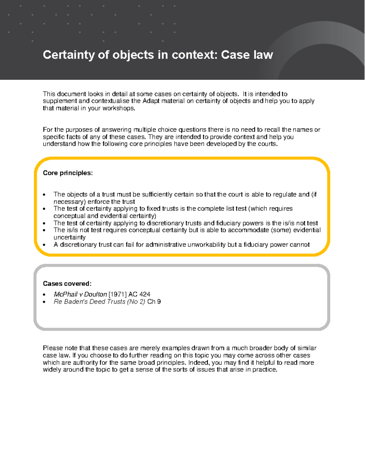 Trusts Law key cases - Certainty of objects - Certainty of objects in ...