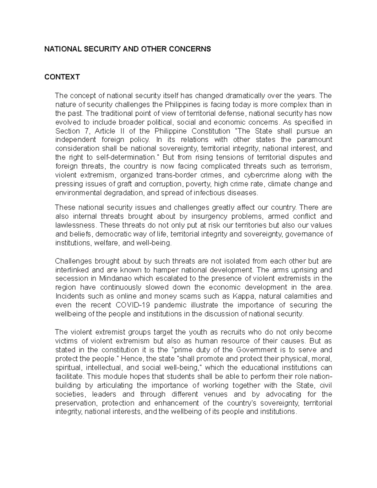 National Security and Other Concerns - NATIONAL SECURITY AND OTHER ...