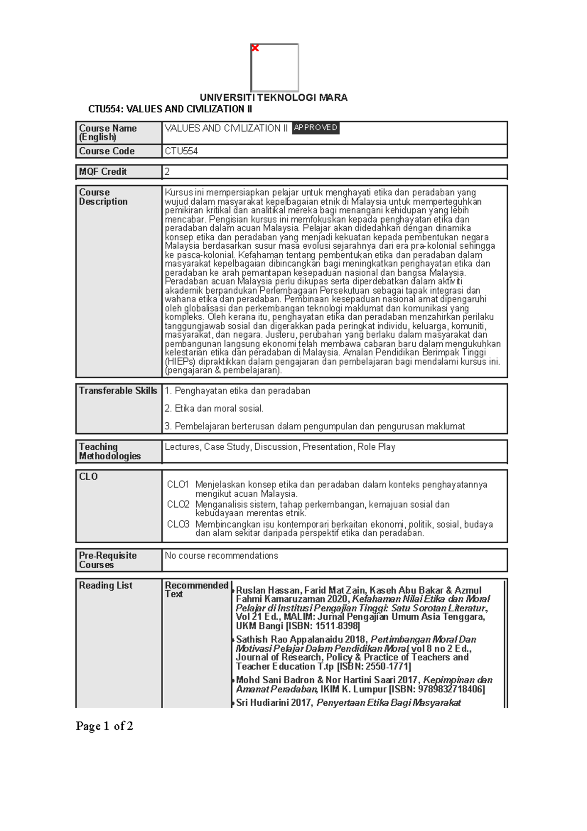 Course Values AND Civilization II - UNIVERSITI TEKNOLOGI MARA CTU554 ...