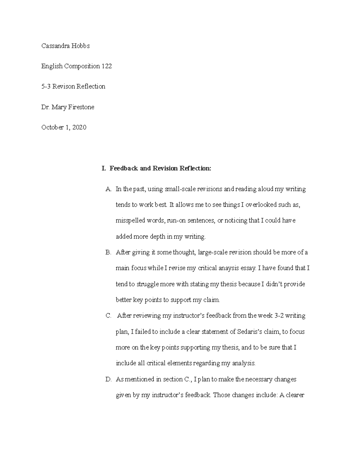 5-3 Revision Reflection - Cassandra Hobbs English Composition 122 5-3 ...