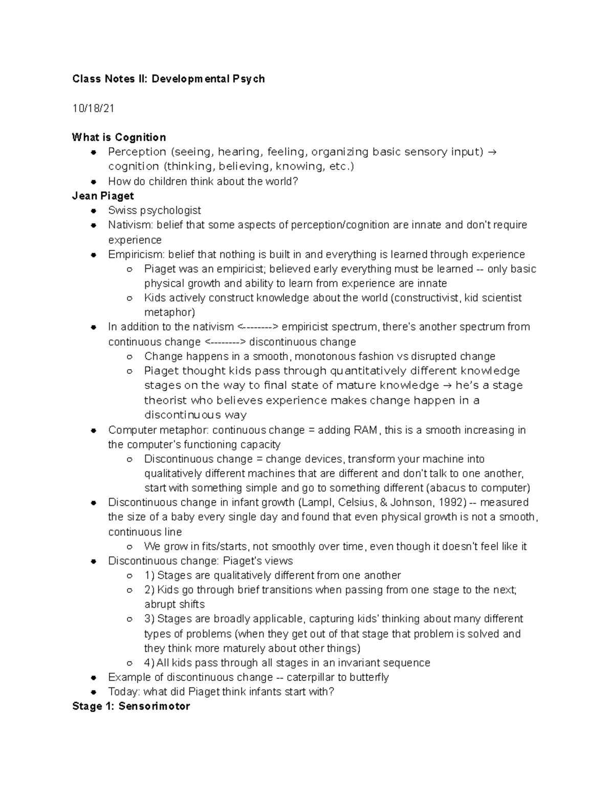 Class Notes Developmental Psych, part 2 - Class Notes II: Developmental ...