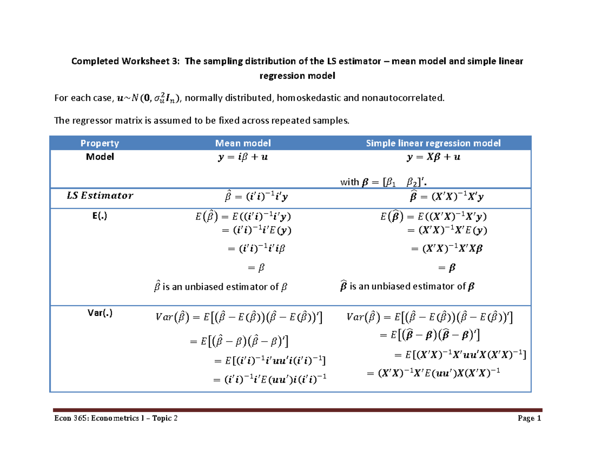 Completed Worksheet 3 - The regressor matrix is assumed to be fixed ...