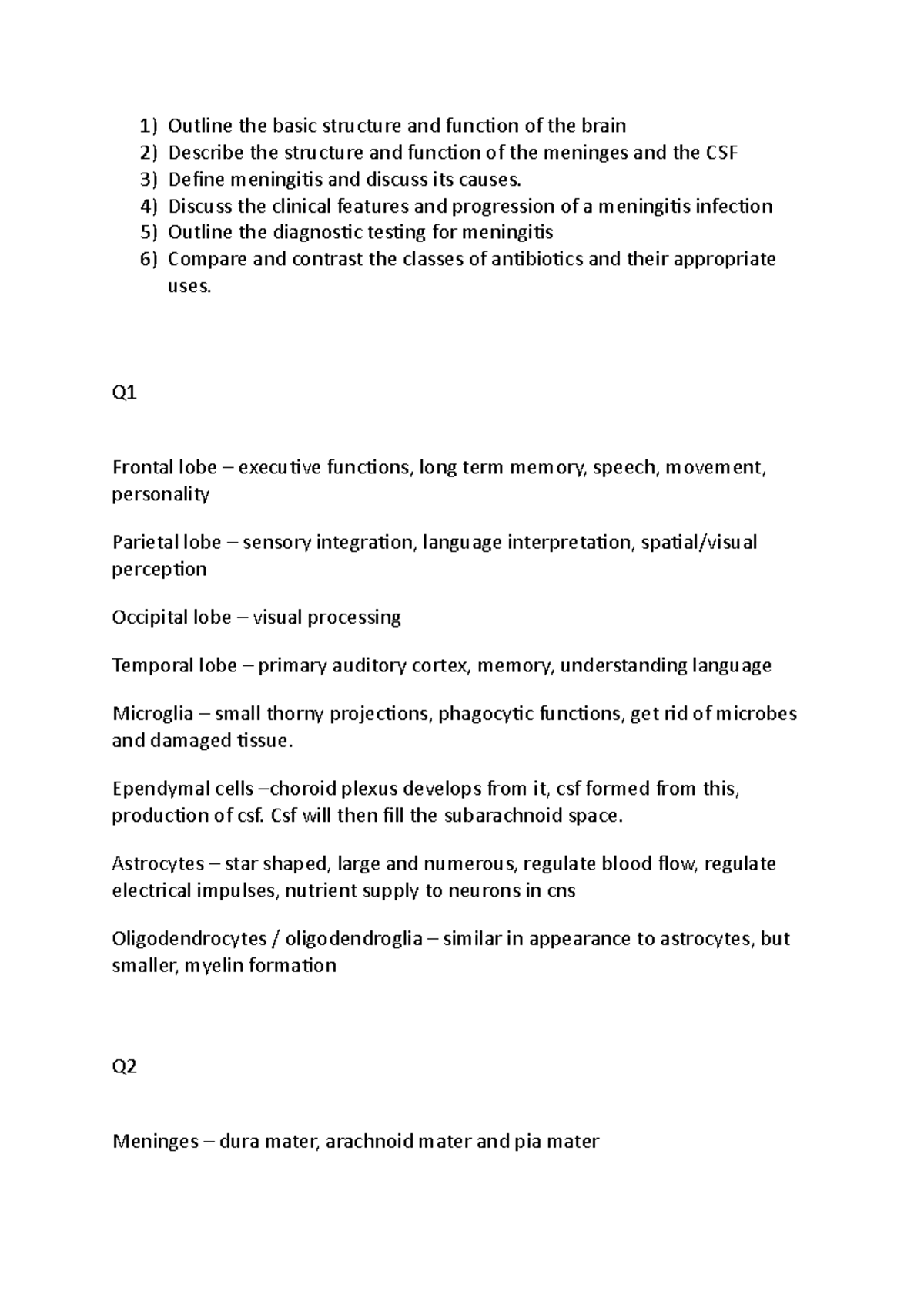 Notes on brain (studocu) - Outline the basic structure and function of ...
