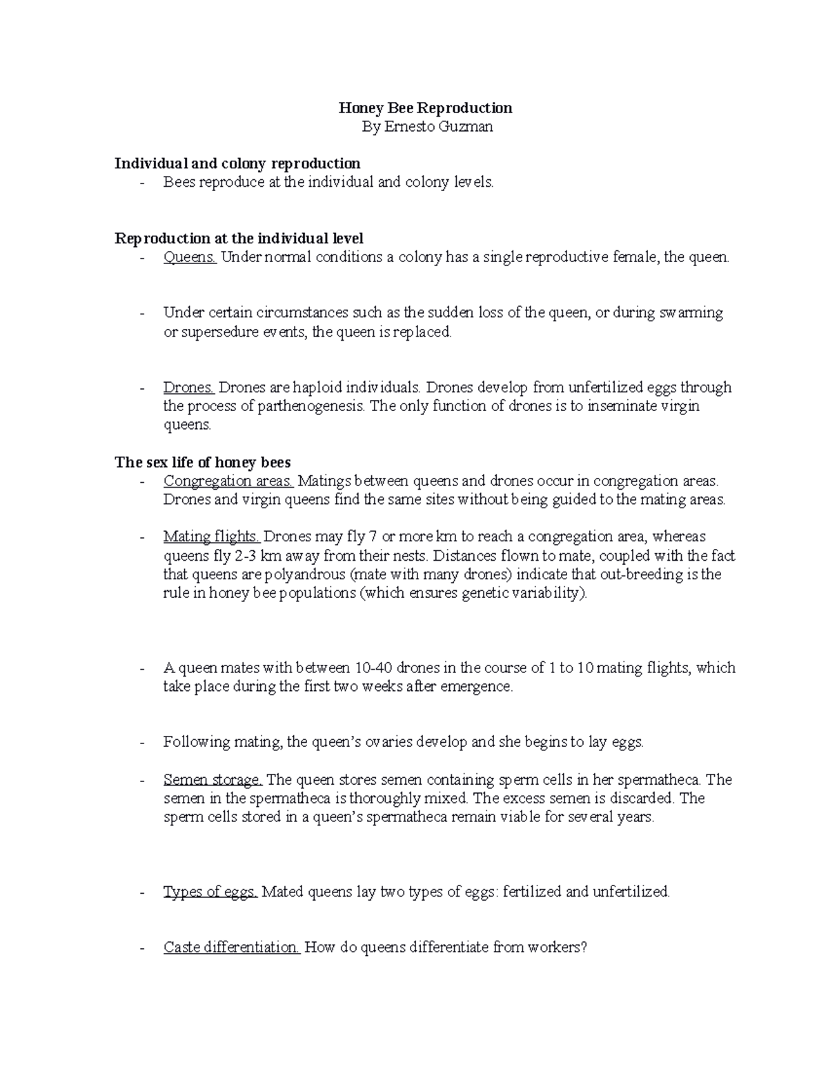 ENVB2210L10B - Honey bee notes for mid 1 - Honey Bee Reproduction By ...