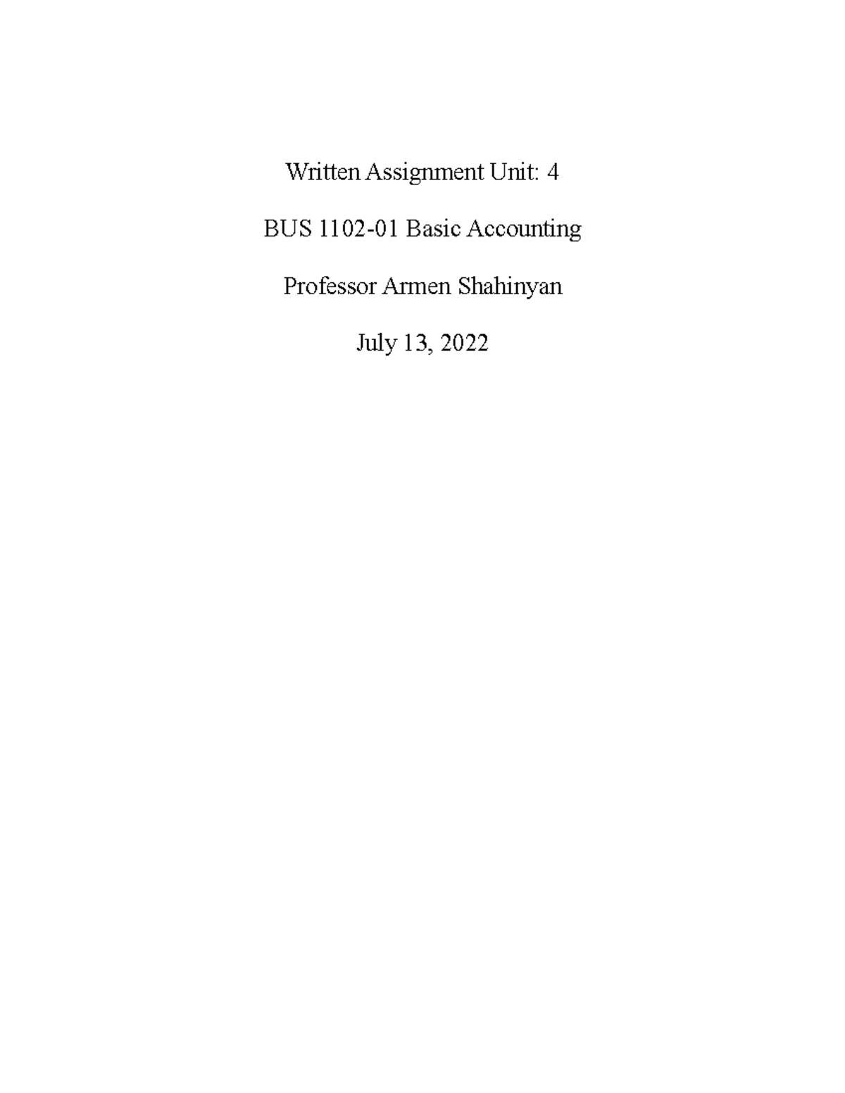 Written Assignment Unit 4 BUS1102 - Written Assignment Unit: 4 BUS 1102 ...