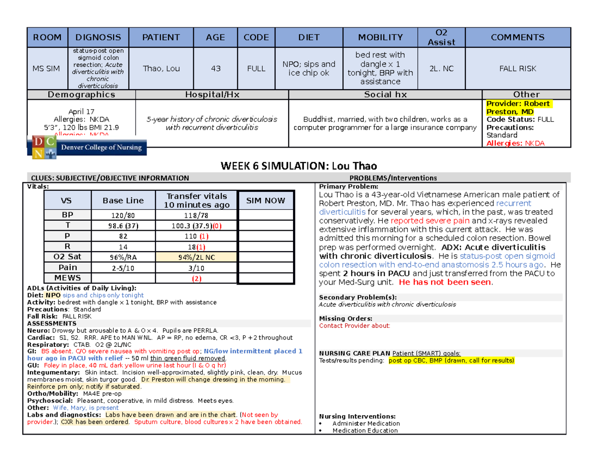 SIM 2 - Simms Prebrief - Simulation - ROOM DIGNOSIS PATIENT AGE CODE ...