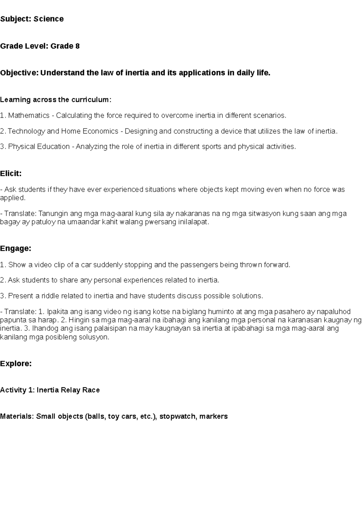2 - Quarter 1 Science 8 - Subject: Science Grade Level: Grade 8 ...