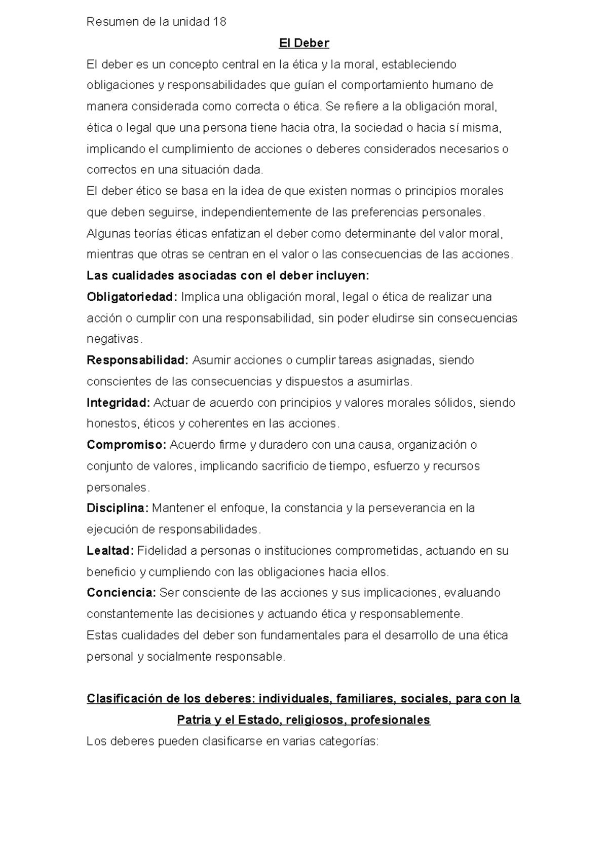 Resumen de la unidad 18 el deber - Resumen de la unidad 18 El Deber El ...