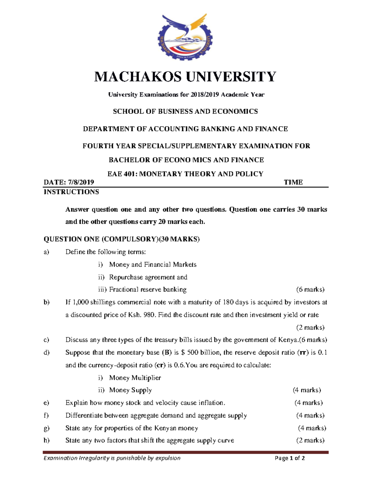 EAE401 - NILL - Examination Irregularity is punishable by expulsion ...