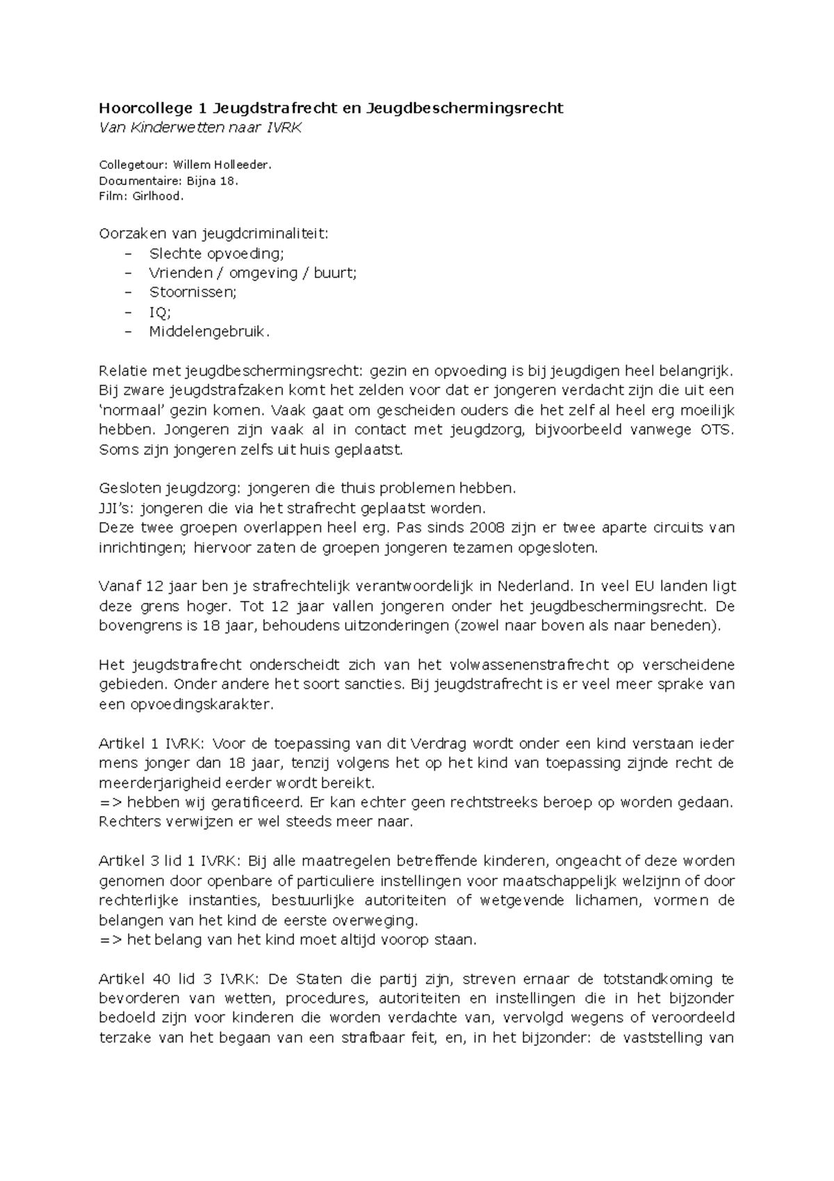 College-aantekeningen, Jeugdstrafrecht en Jeugdbeschermingsrecht ...