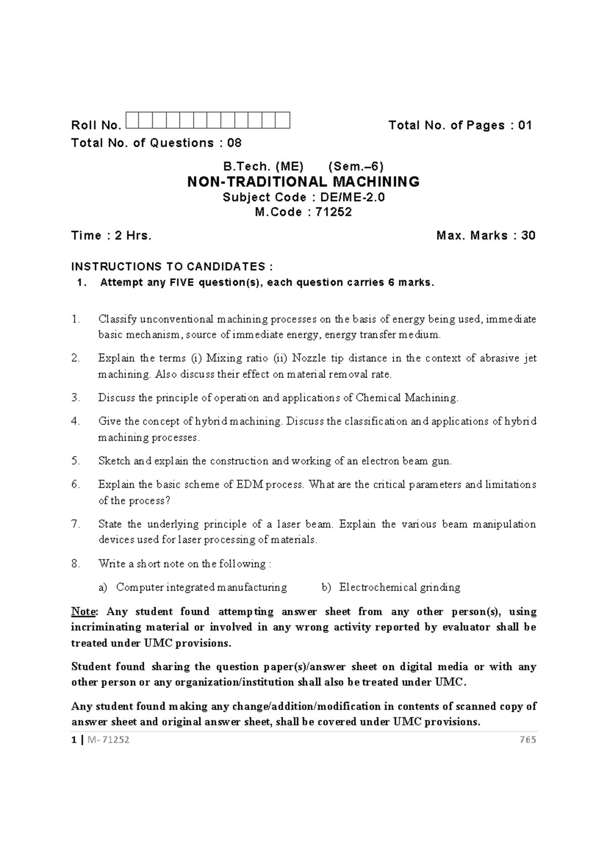 NTM Question Paper PTU - 1 | M- 71252 765 Roll No. Total No. of Pages ...