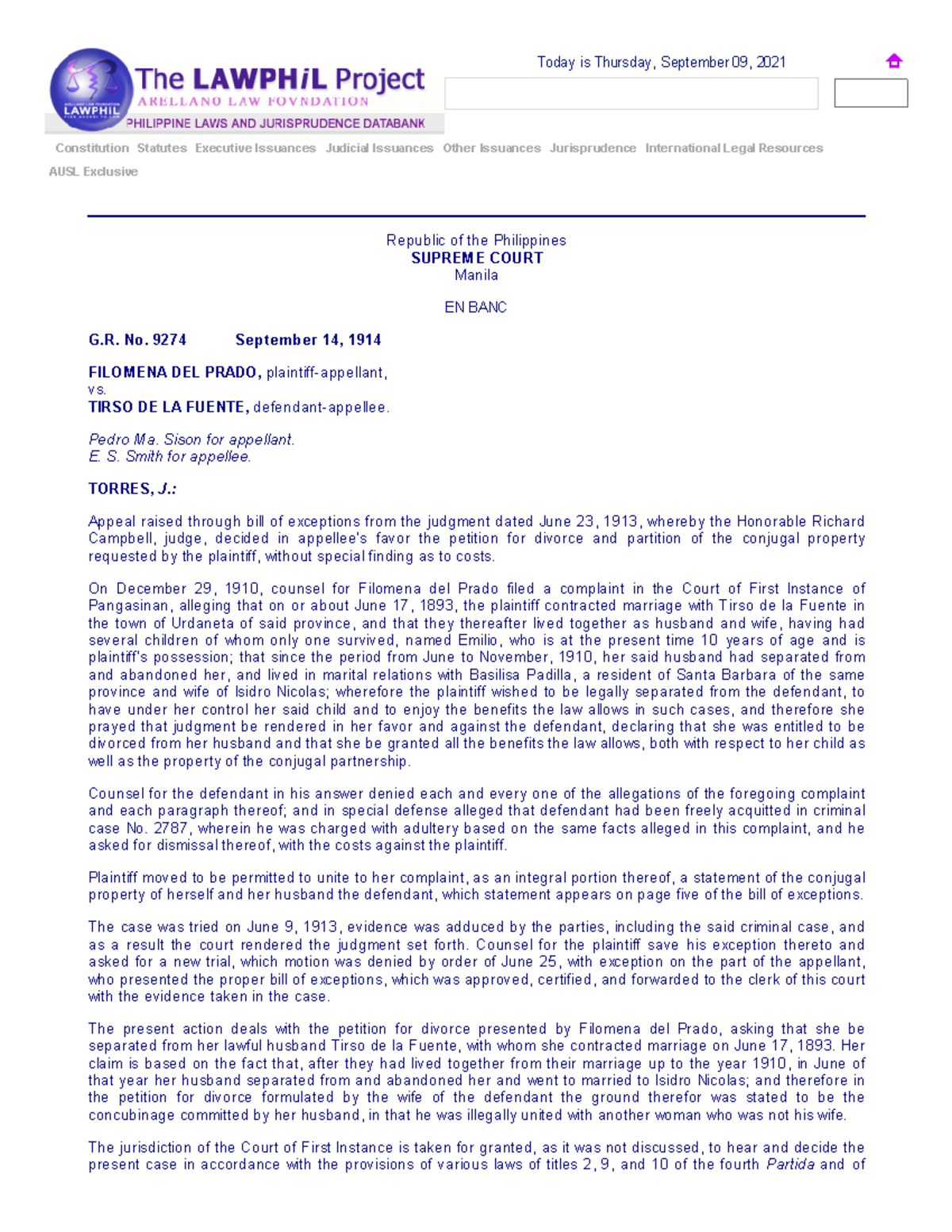 G.R. No. 9274 - This case is about concubinage. This is from Law Cases ...