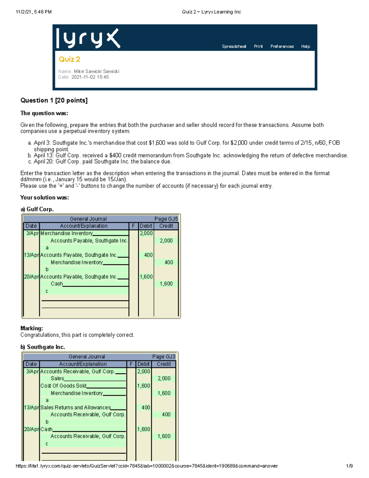 Quiz 2 Lyryx Learning Inc - Spreadsheet Print Preferences Help Quiz 2 ...