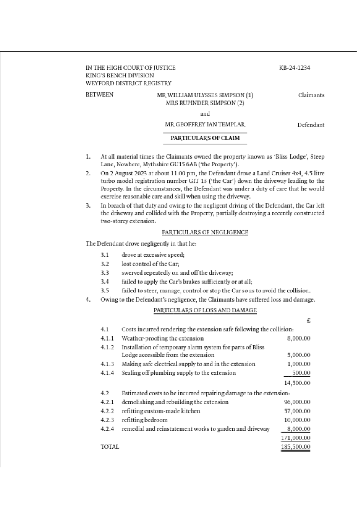 Particulars of Claim Appendix D4 Example - IN THE HIGH COURT OF JUSTICE ...