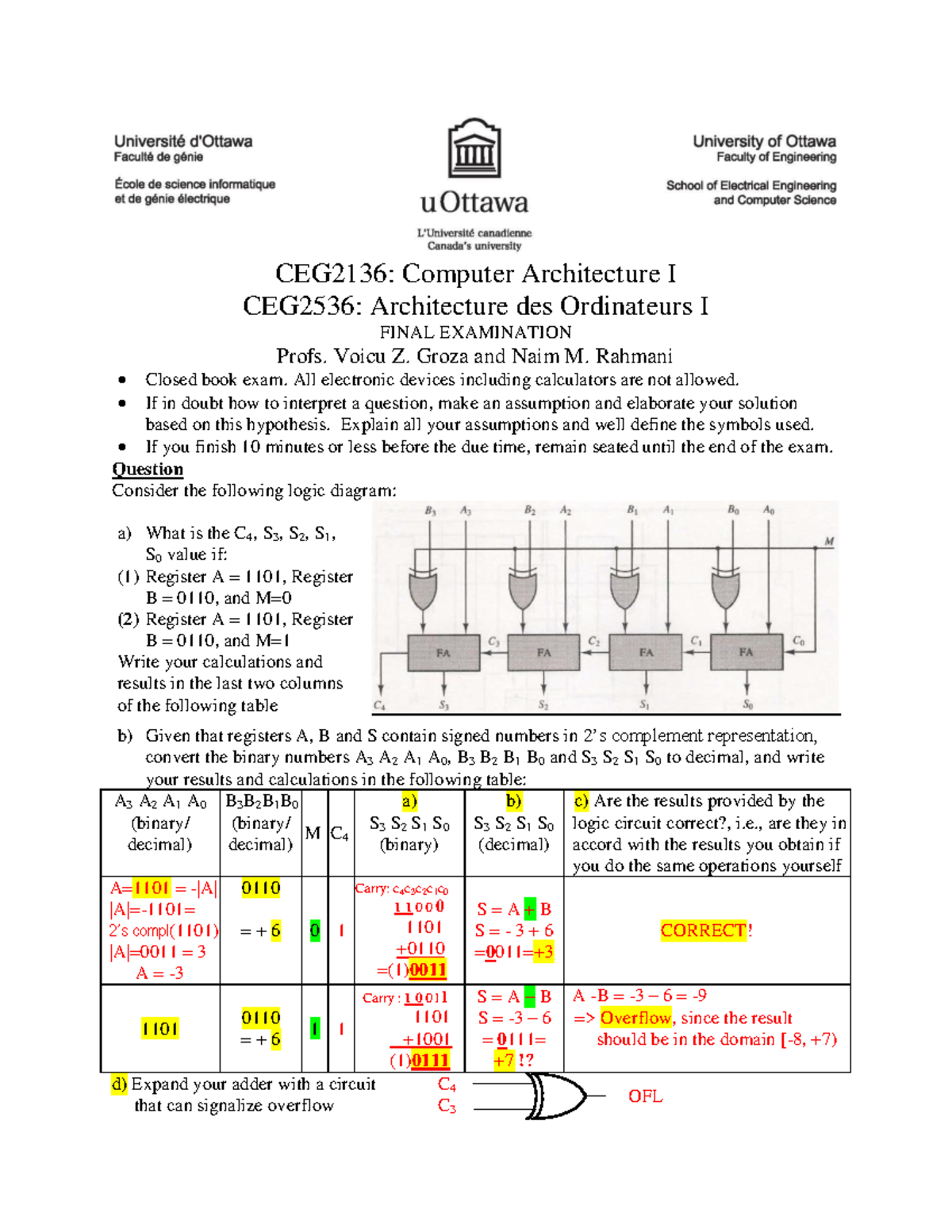 Exam 27 December 2011, answers - CEG2136: Computer Architecture I CEG2536: Architecture des ...