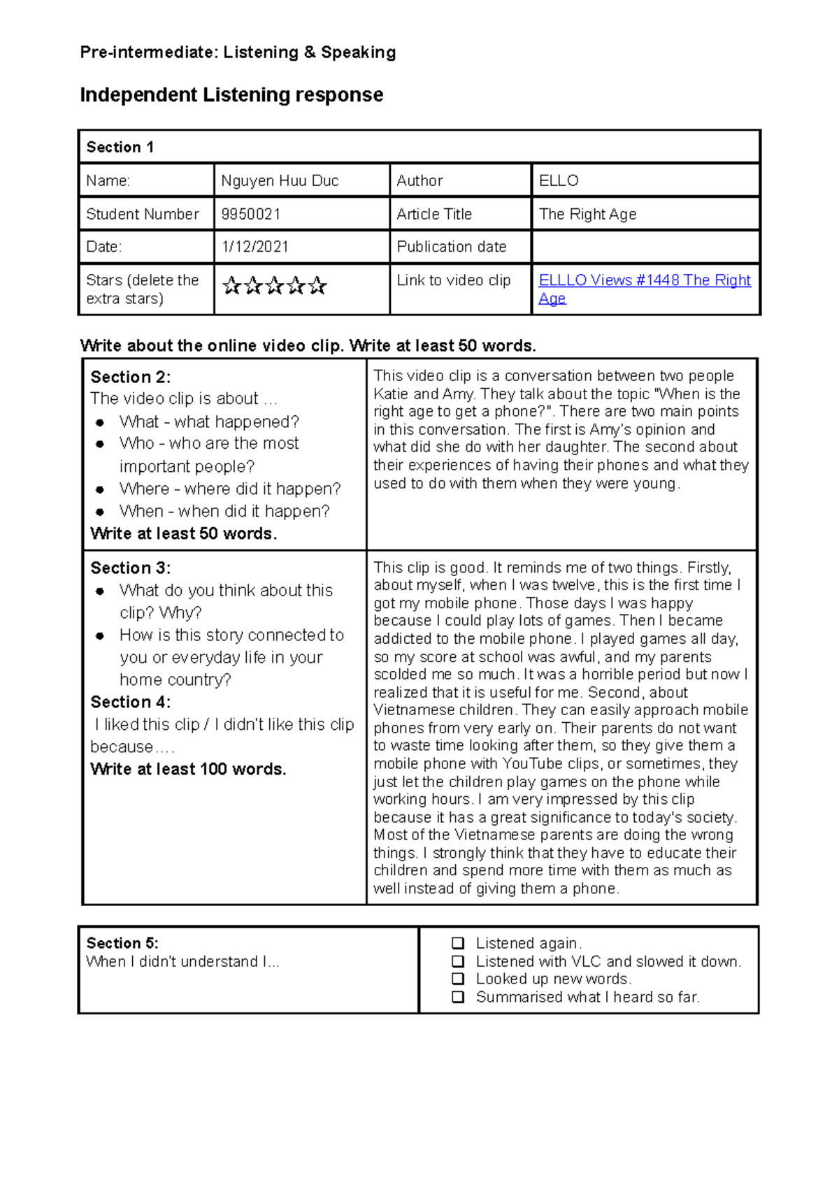 Independent listening response form 2 Nguyen HUU DUC - Pre-intermediate ...