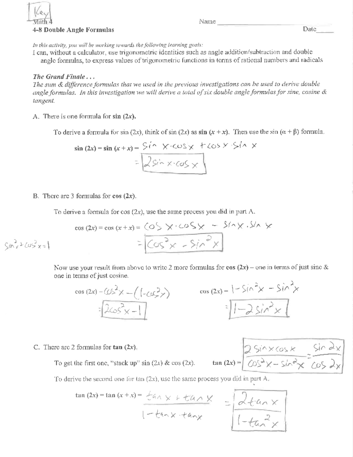 4-8 Double Angle Formulas Answers 4-8 Double Angle Formulas ANSWERS.pdf ...