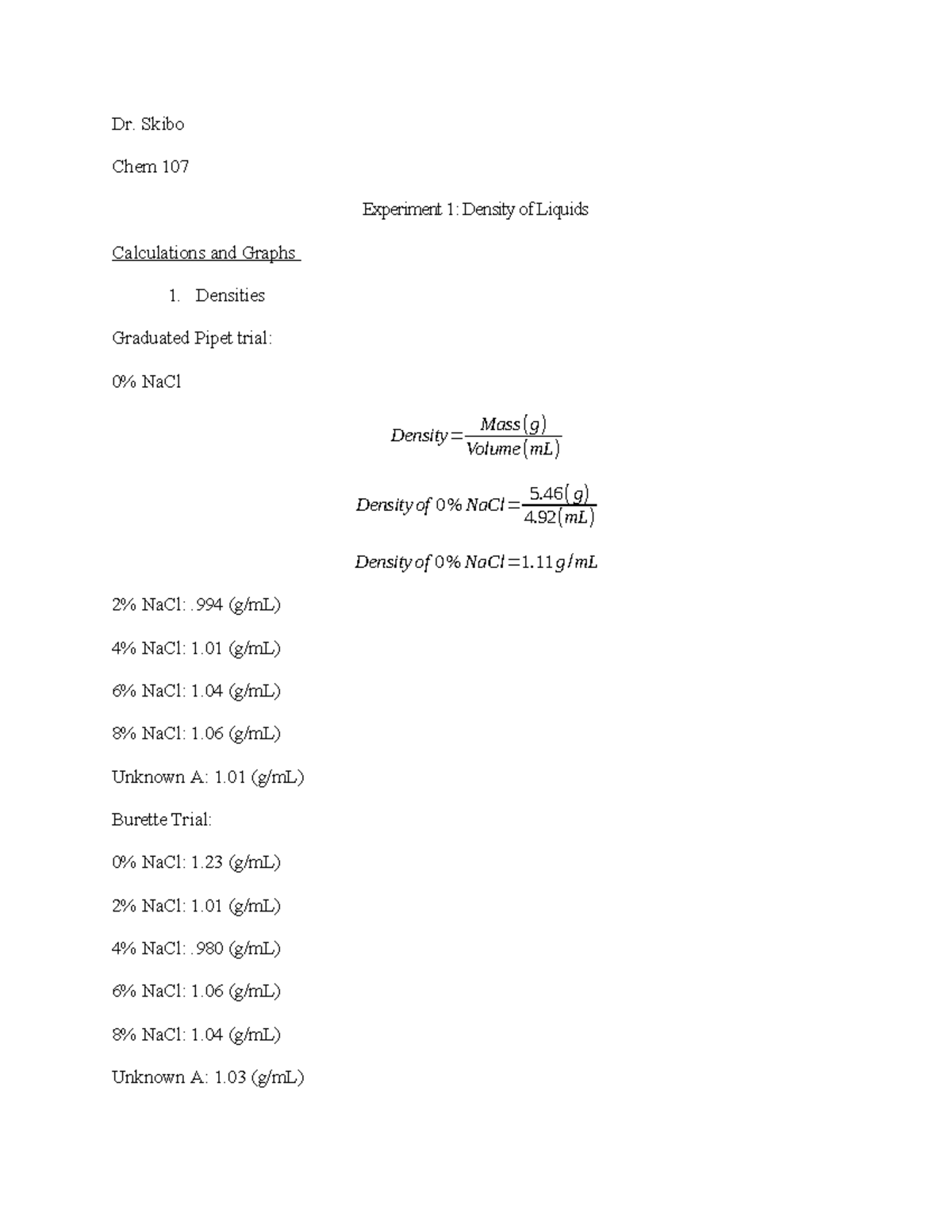 Post Lab 1 Post Lab 1 Outline Dr Skibo Chem 107 Experiment 1 Density Of Liquids 6709