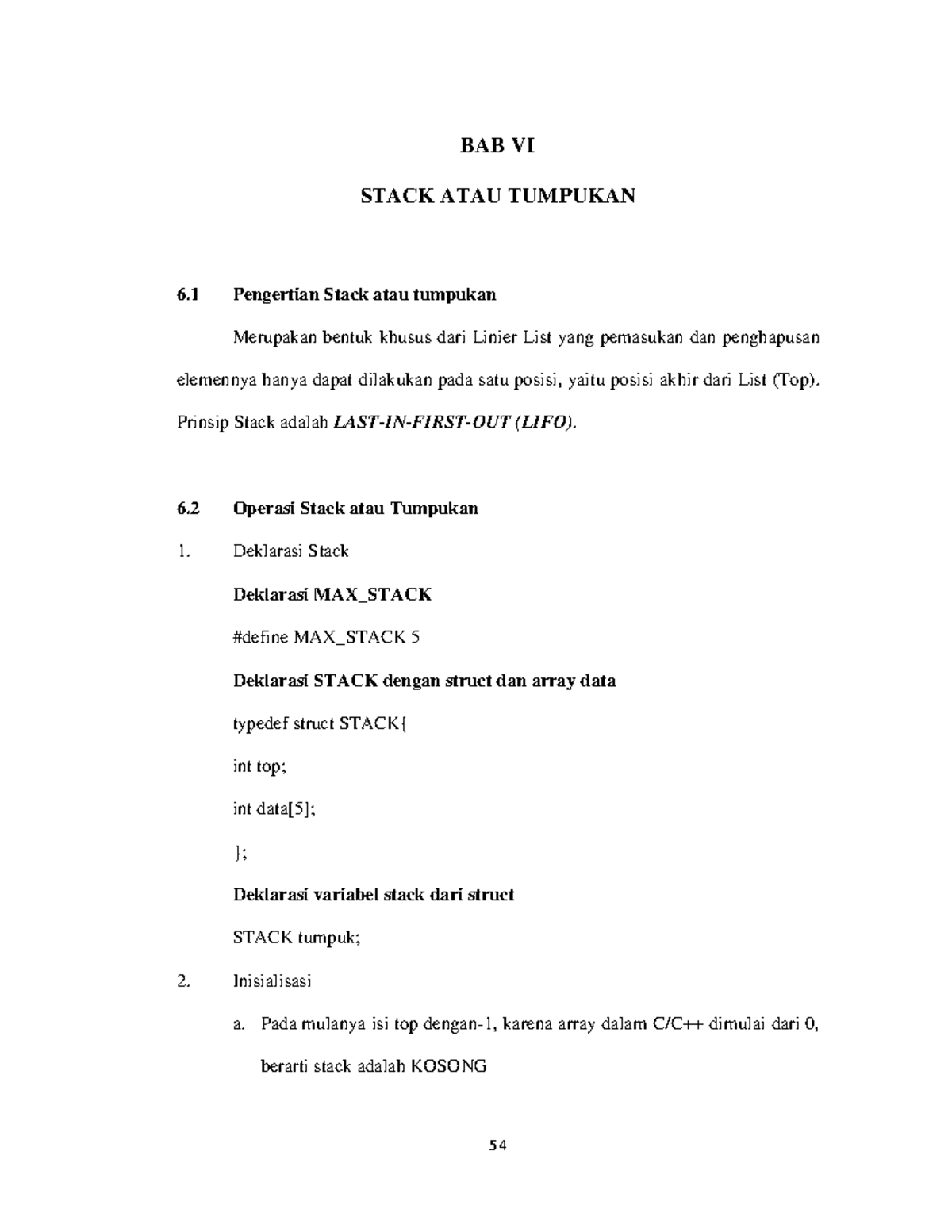 Modul Struktur Data Bab 6 Stack atau Tumpukan - 54 BAB VI STACK ATAU TUMPUKAN 6 Pengertian Stack ...