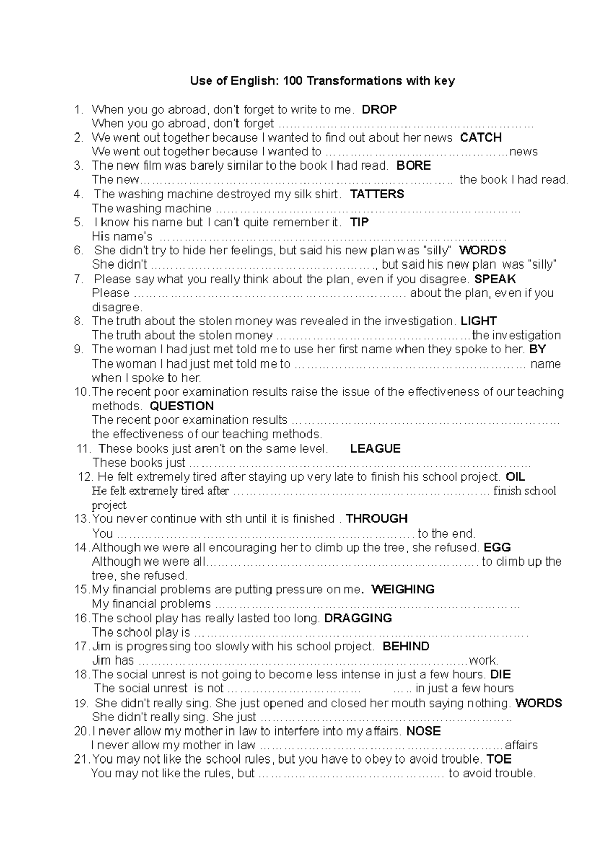 Use of english 100 transformations with key - Use of English: 100 ...