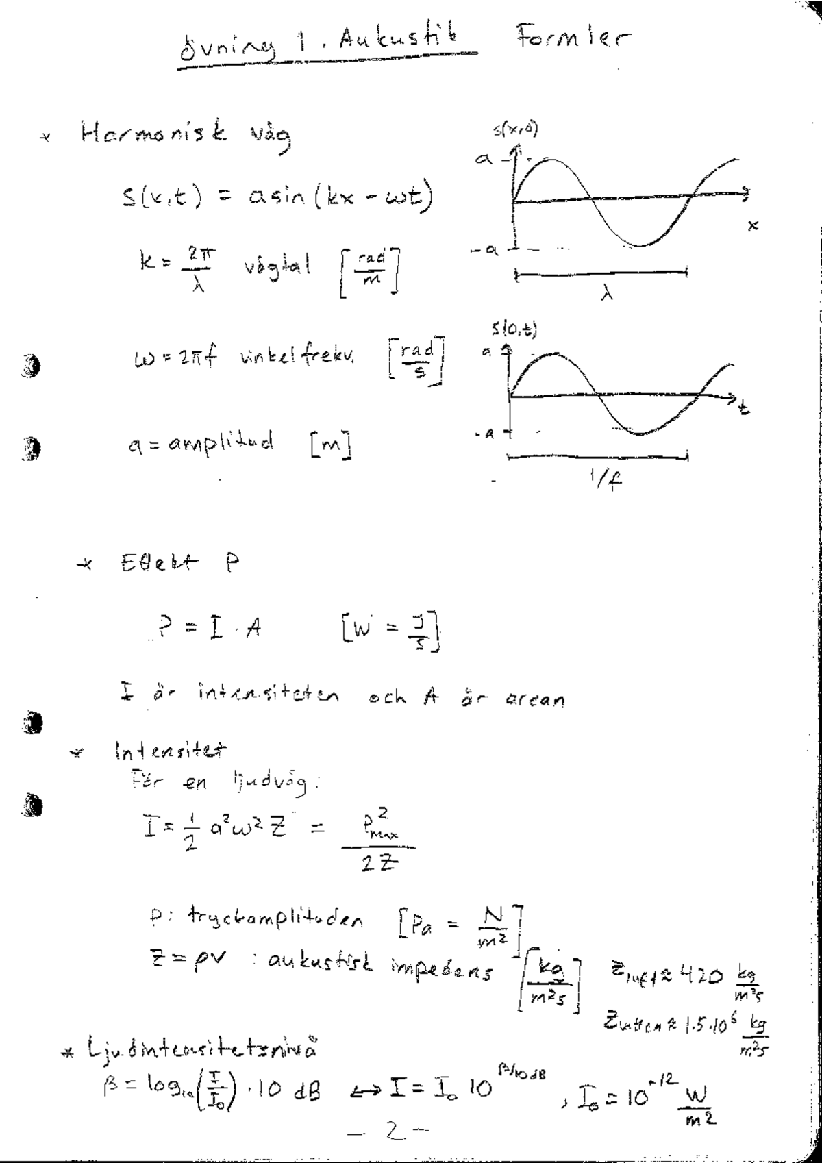 Jakobs formelblad - diving 1. Aukustil Formler Harmonisk vag s(x,o) a S ...