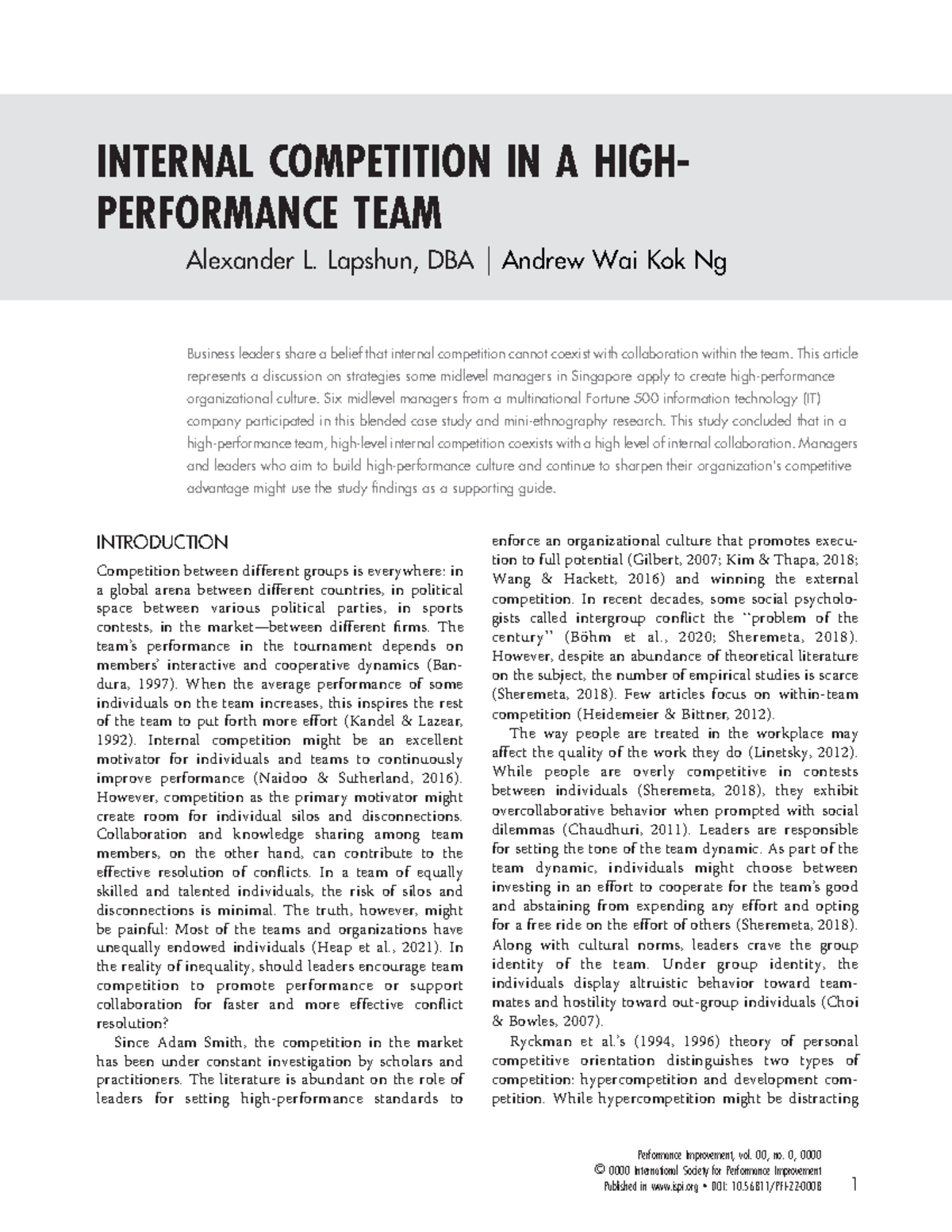 Internal Competition IN A HIGH Performance - INTERNAL COMPETITION IN A ...
