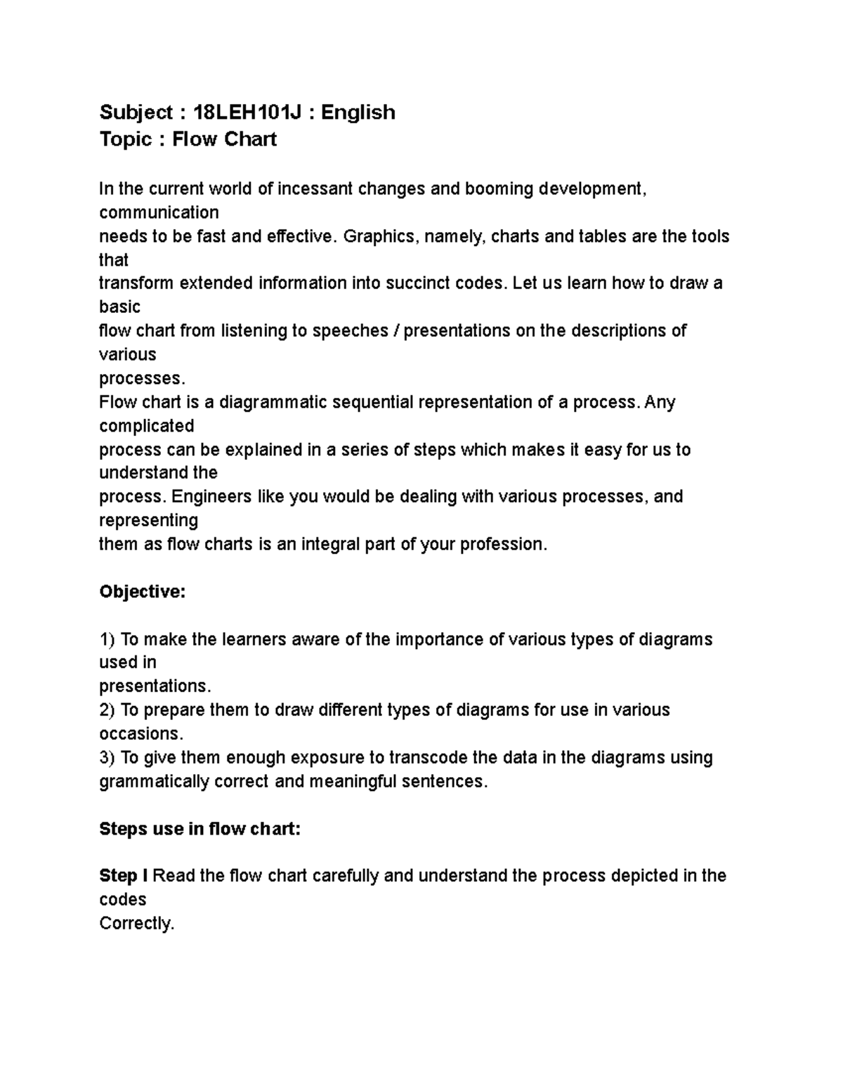 Flow Chart - Subject : 18LEH101J : English Topic : Flow Chart In the ...