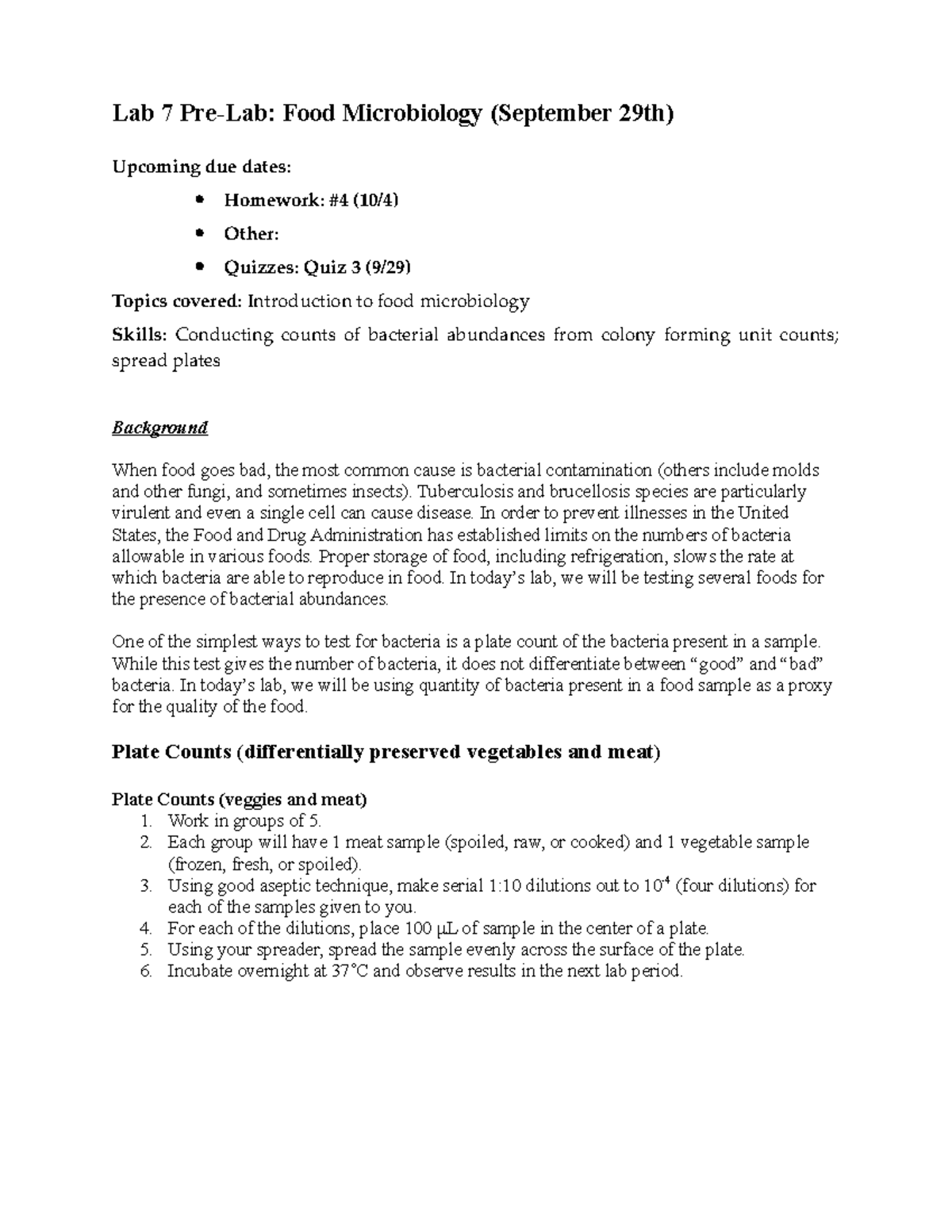 Pre-Lab 7 Food Microbiology Fall2021 - Lab 7 Food Microbiology ...