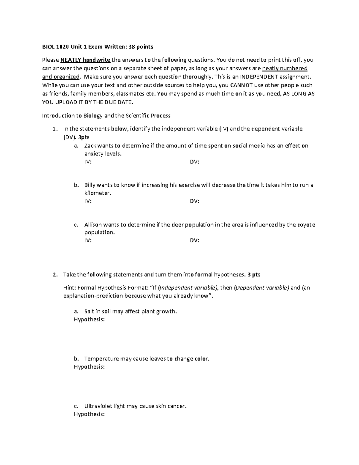 Unit 1 Exam Written - BIOL 1020 Unit 1 Exam Written: 38 points Please ...