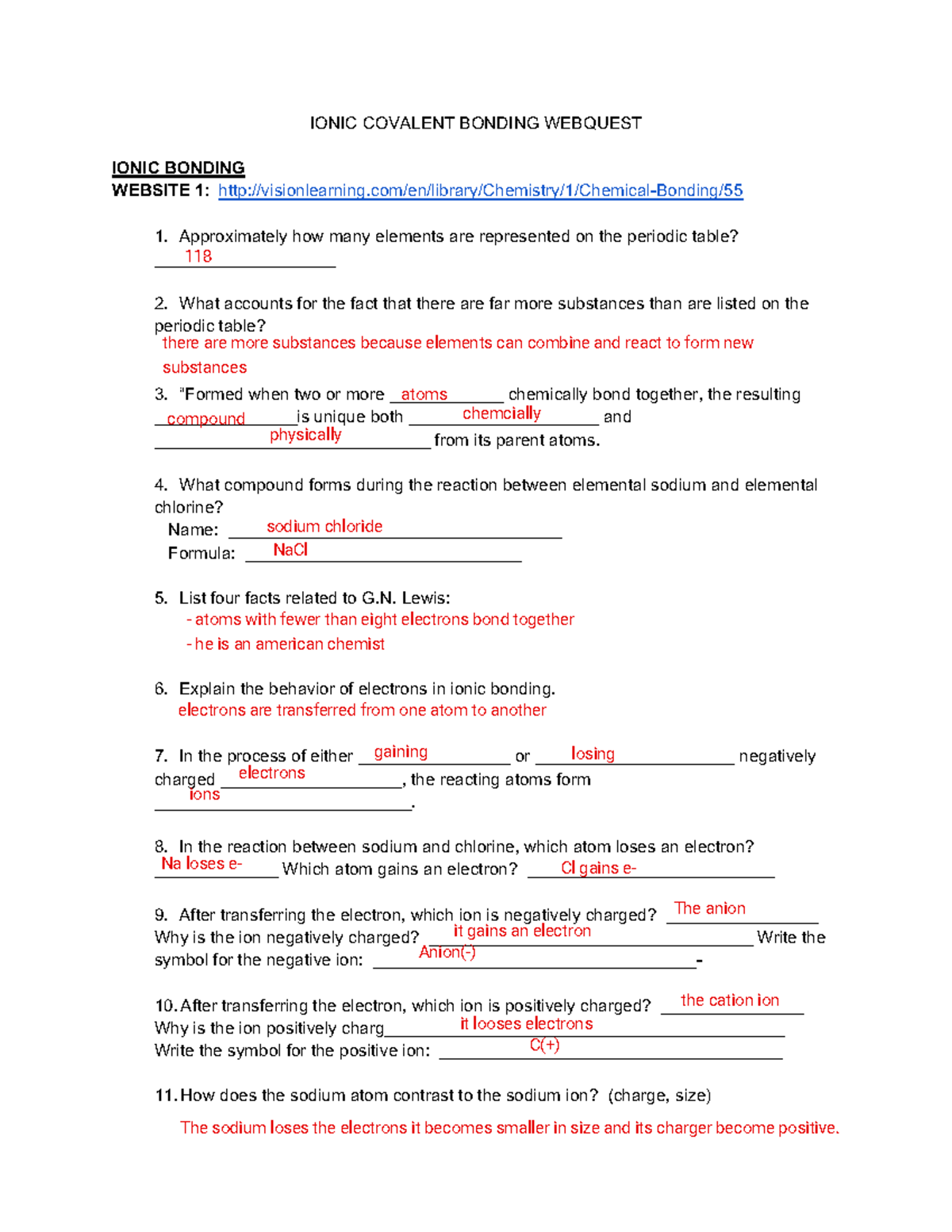 Shamya Jackson - Bonding Webquest - IONIC COVALENT BONDING WEBQUEST ...