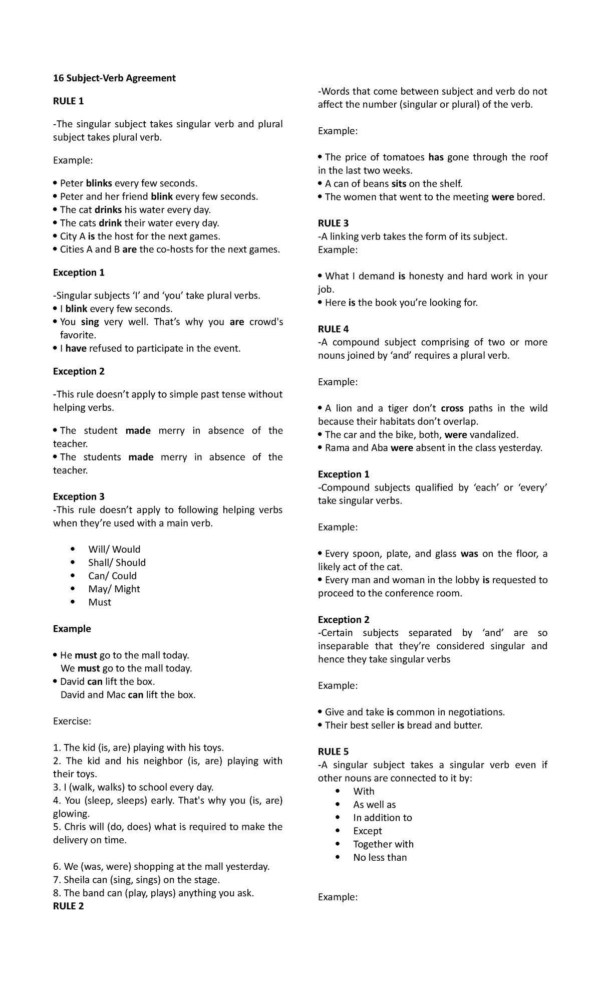Subject-Verb-Agreement - 16 Subject-Verb Agreement RULE 1 -The singular ...