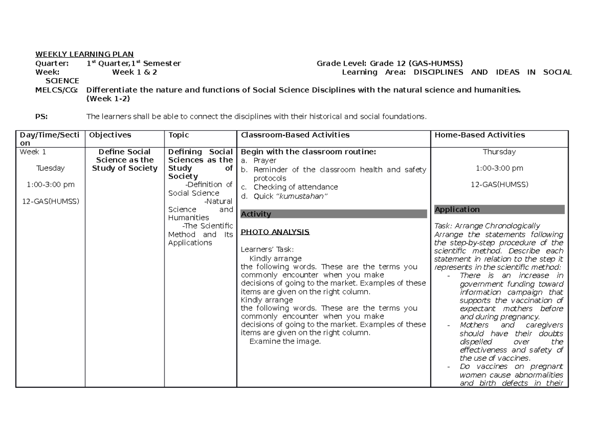 Diss-q1-wk1 upload - daily lesson log - WEEKLY LEARNING PLAN Quarter: 1 ...