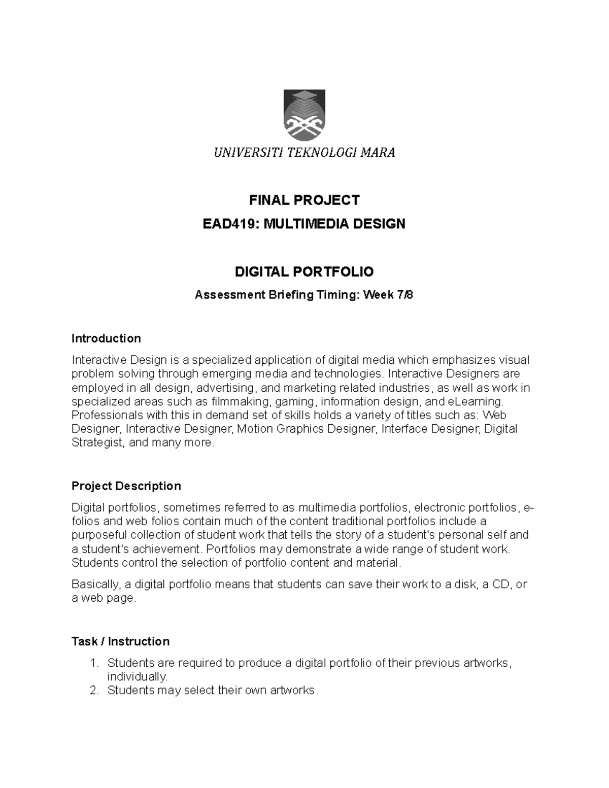 Final Project Brief - UNIVERSITI TEKNOLOGI MARA FINAL PROJECT EAD419 ...