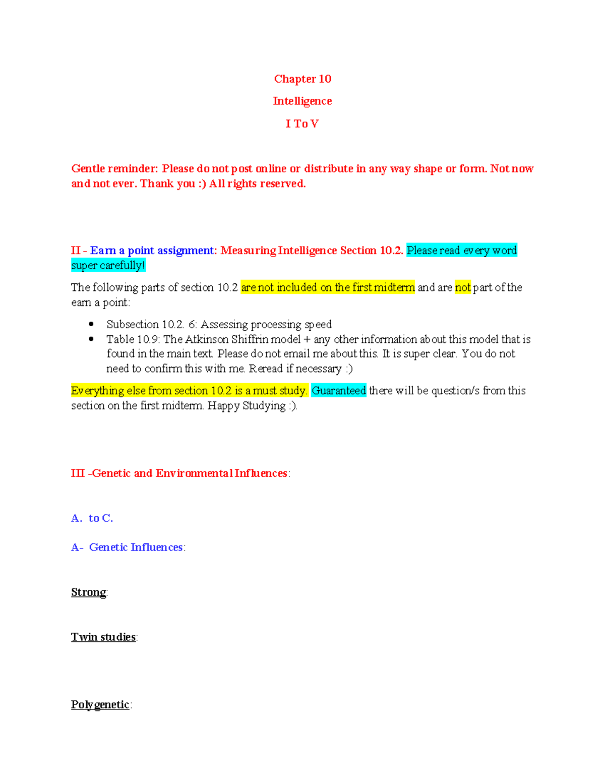 Bullet Points Intelligence CH.10 LECT 2 - Chapter 10 Intelligence I To V Gentle reminder: Please ...