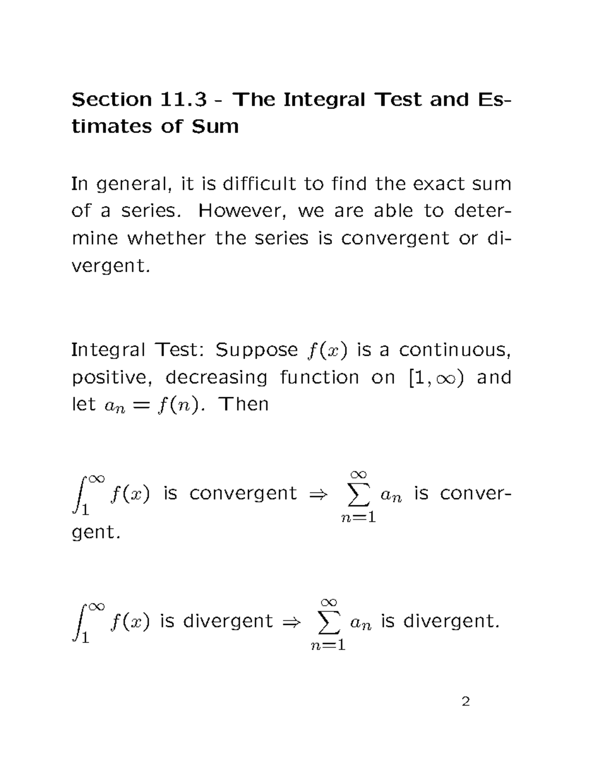 Section 11 - CALC I CONTENT HELP - Section 11 - The Integral Test and ...