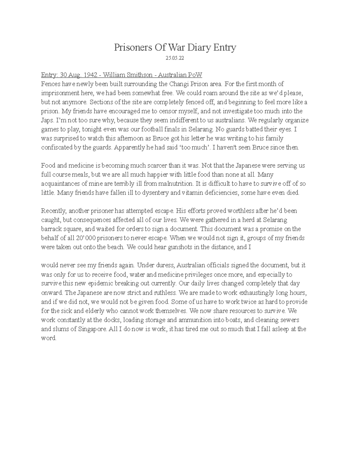 Year 10 Prisoners of War Diary Entry Essay - Prisoners Of War Diary ...
