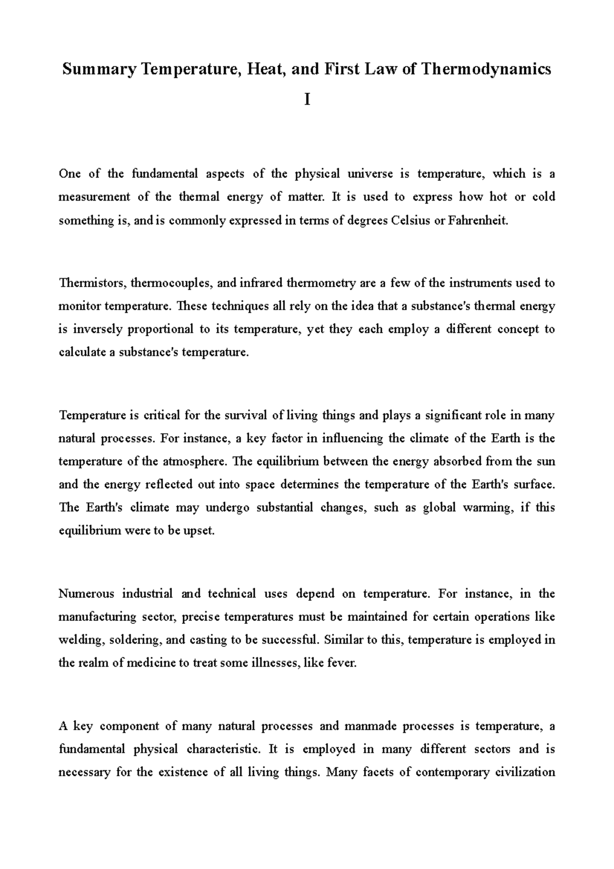 Summary Temperature, Heat, and First Law of Thermodynamics 1 - It is ...