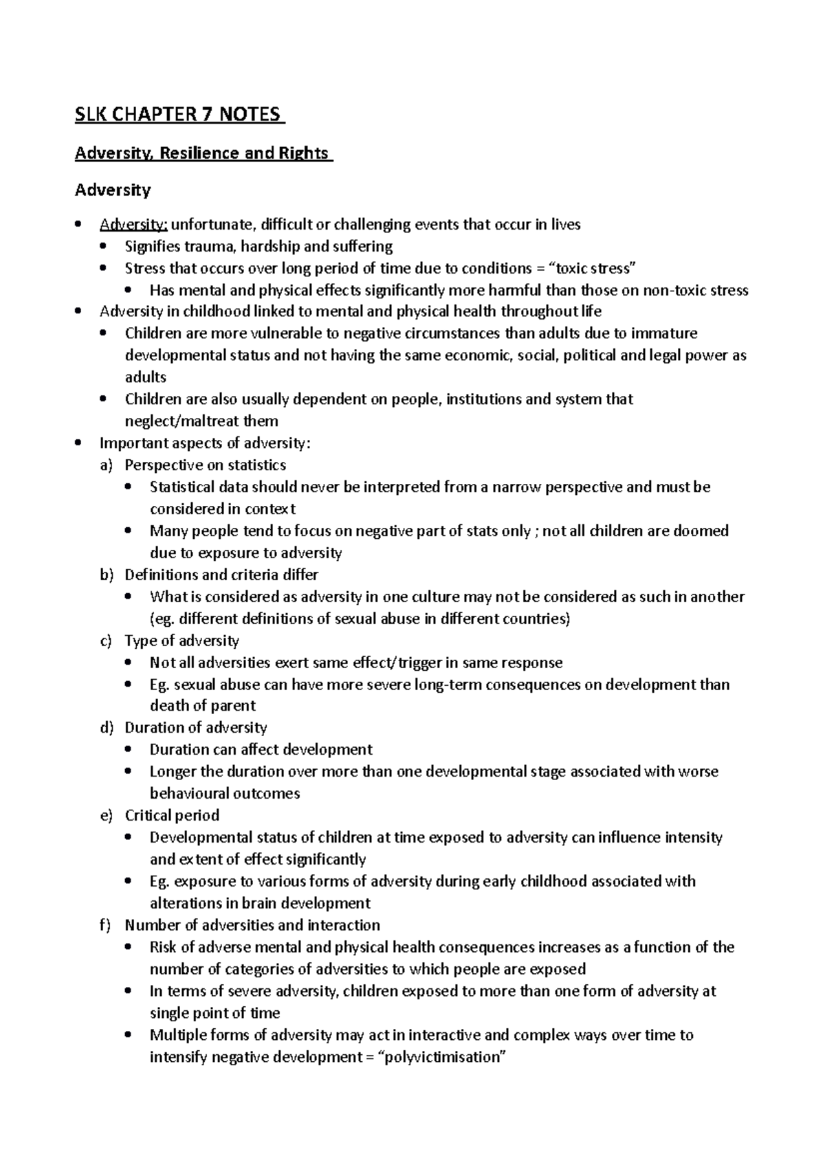 SLK Chapter 7 Notes - SLK CHAPTER 7 NOTES Adversity, Resilience and ...