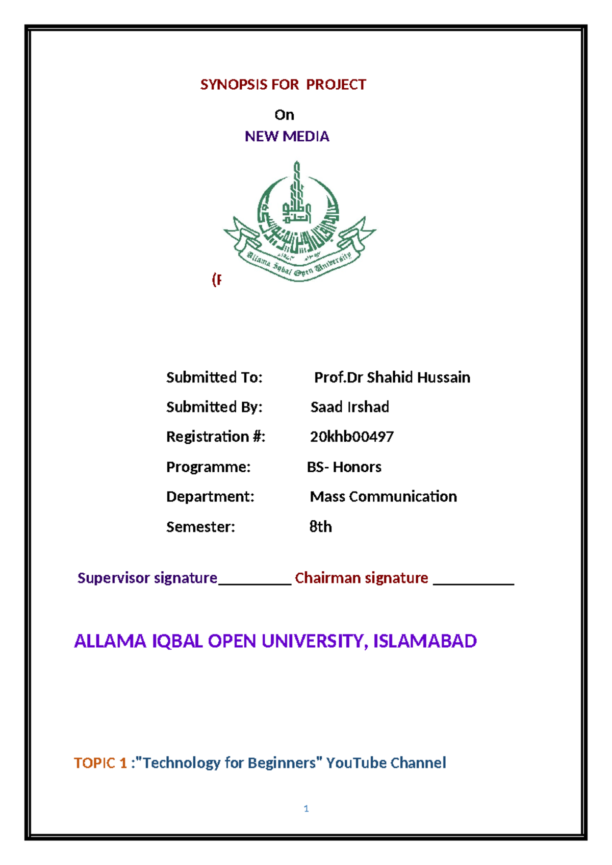 Synopsis for new media project - SYNOPSIS FOR PROJECT On NEW MEDIA ...