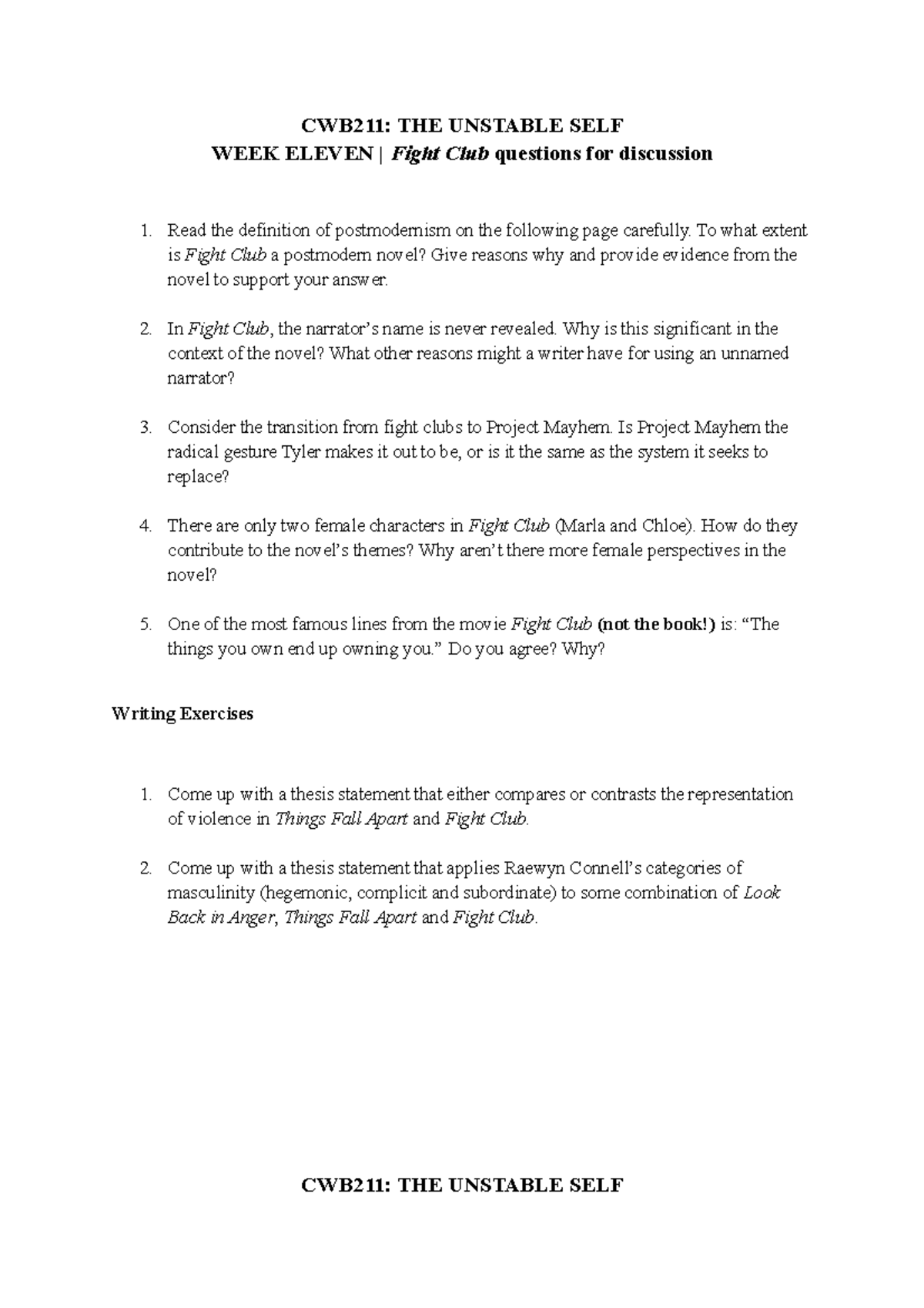 CWB211 Week Eleven Tutorial Questions - CWB211: THE UNSTABLE SELF WEEK ...