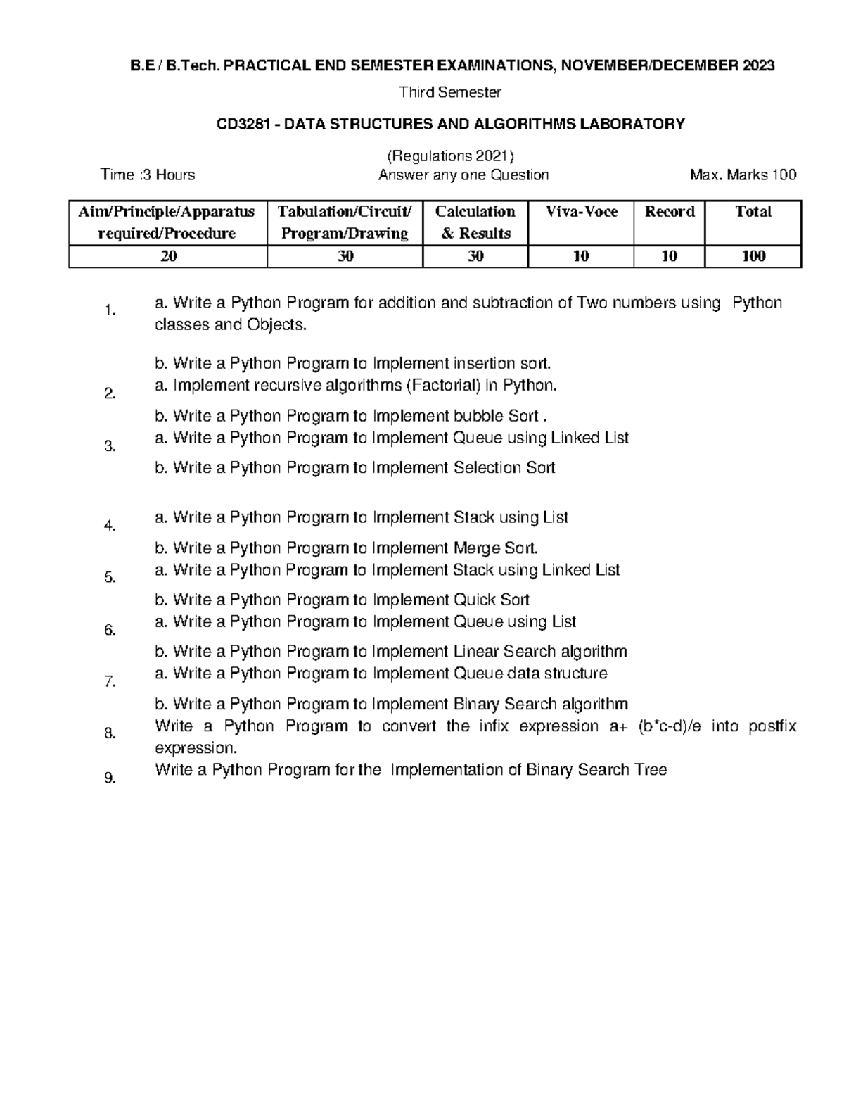 CD3281- SET 3 - lab manual - B / B. PRACTICAL END SEMESTER EXAMINATIONS, NOVEMBER/DECEMBER 2023 ...