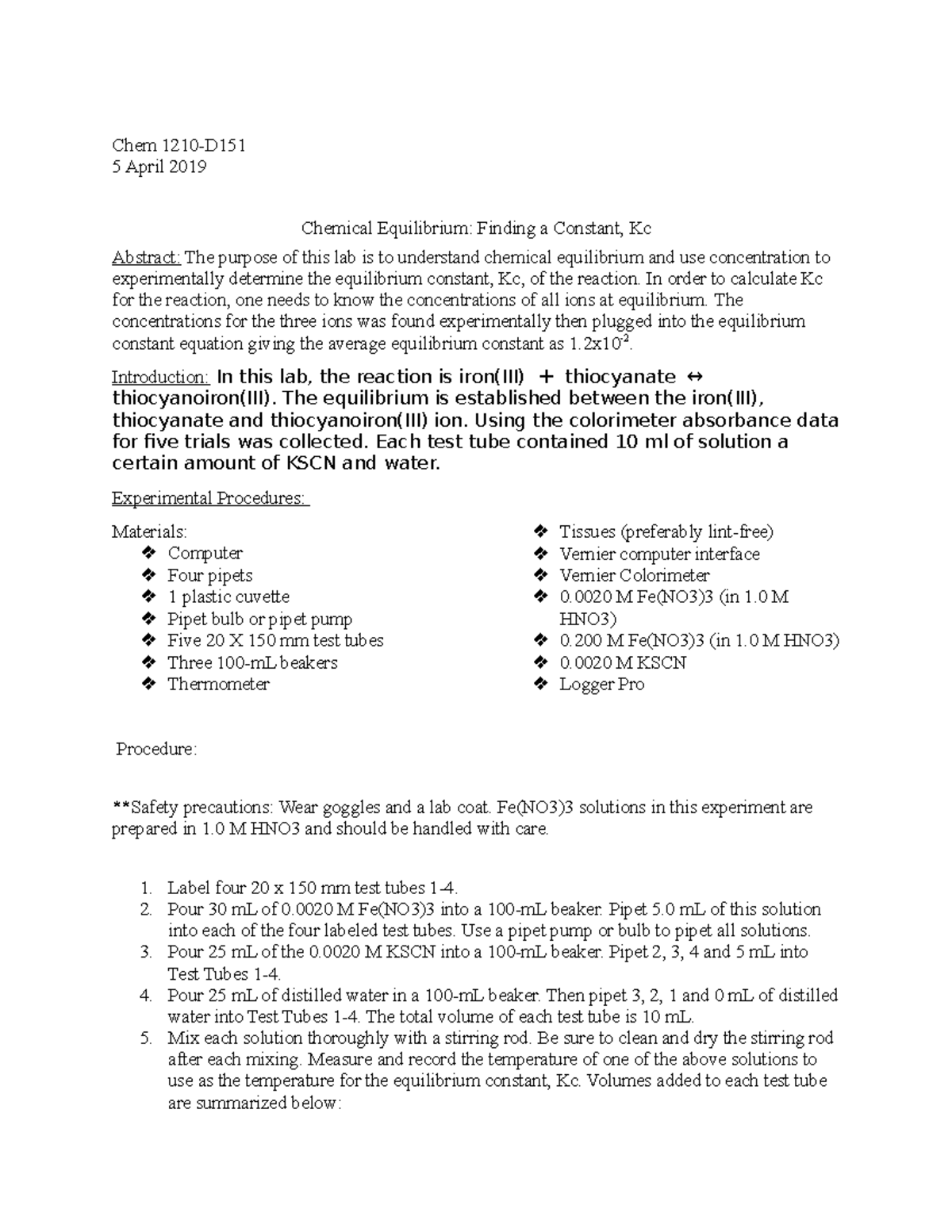 Chemical Equilibrium Finding a Constant Kc - Chem 1210-D 5 April 2019 ...