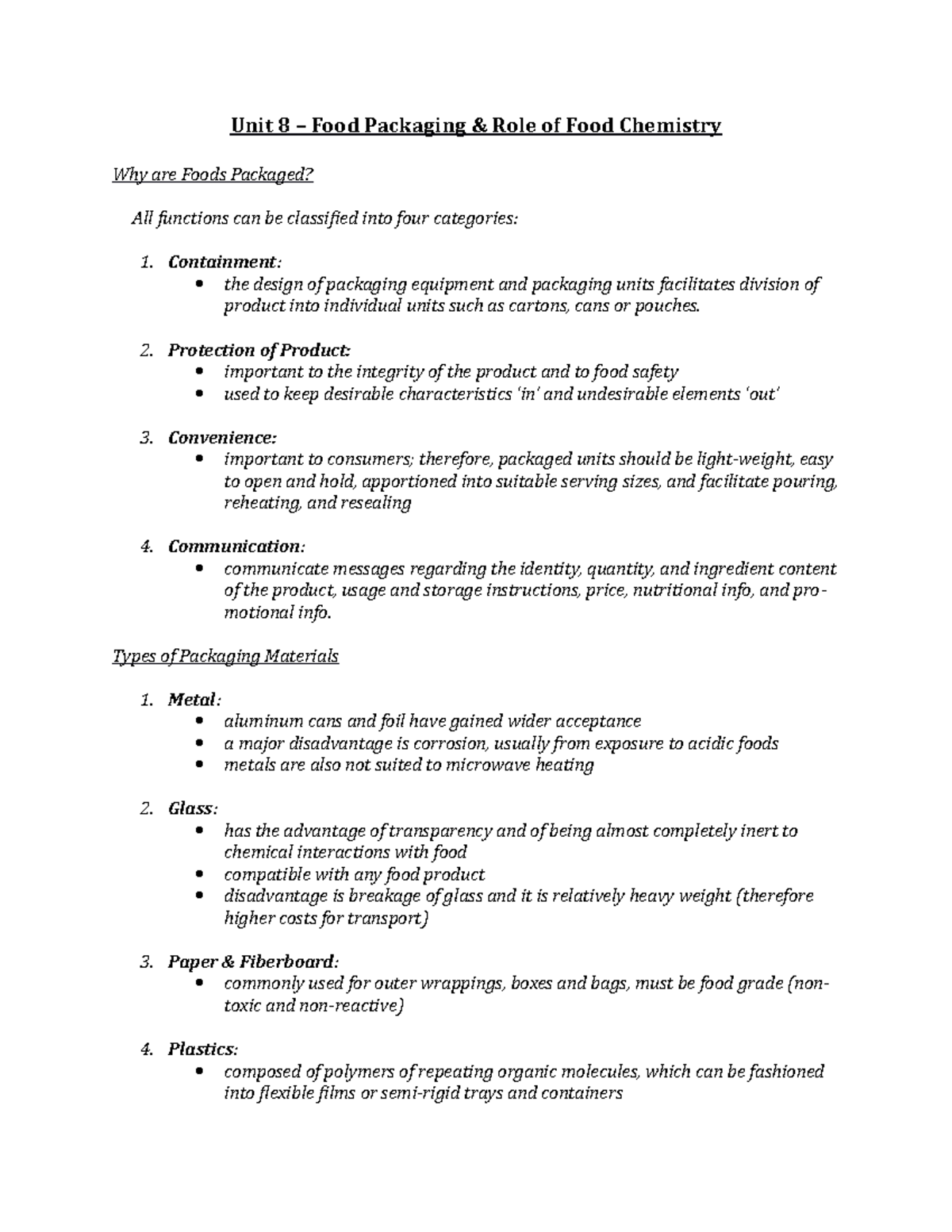 Unit-8 - summary of chapter 8 Marcone - Unit 8 – Food Packaging & Role ...